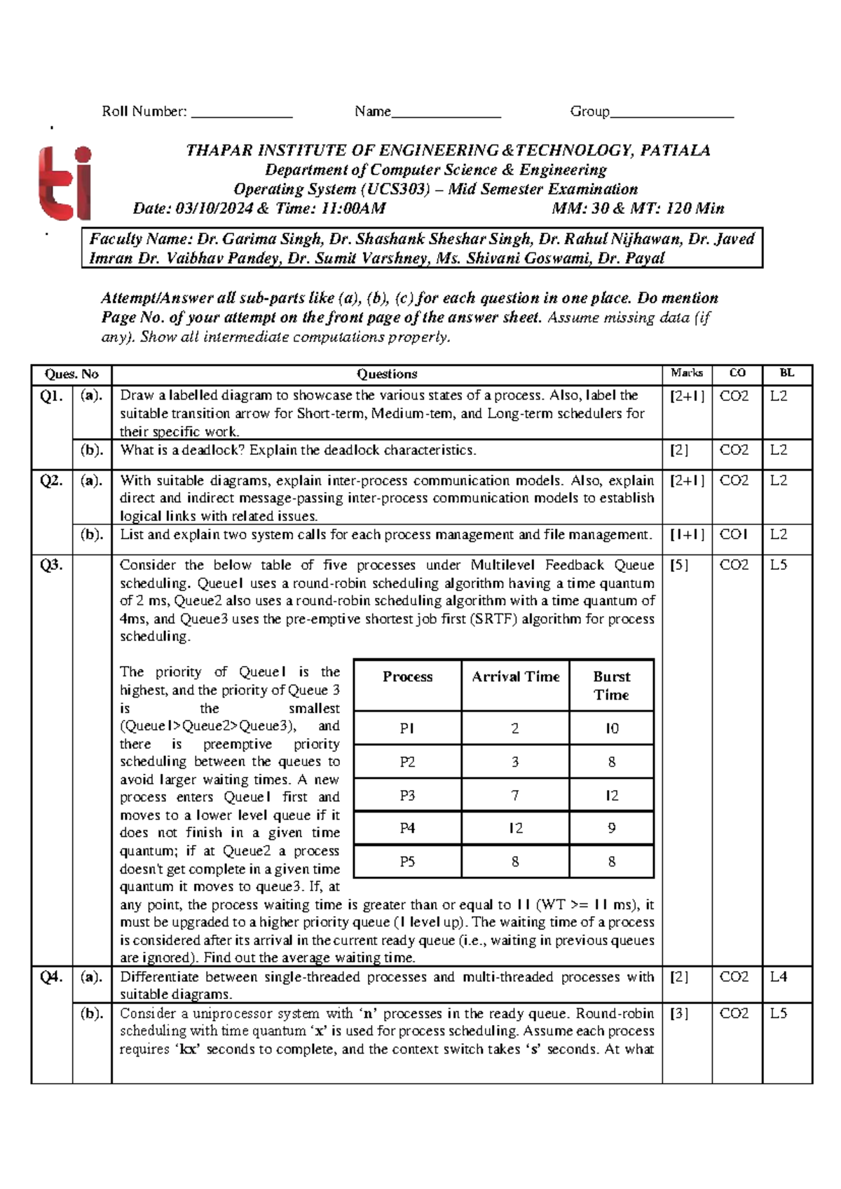 UCS303 Operating System Mid Semester Exam Question Paper - Studocu