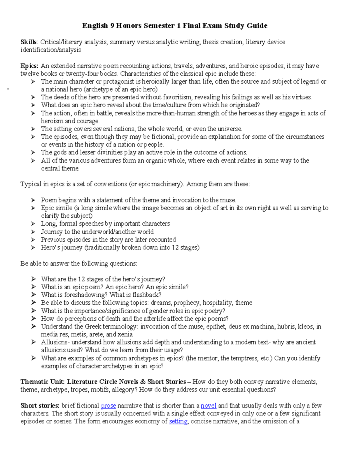 English 9 Honors SEM 1 Final Exam Study Guide 2024-2025 - Studocu