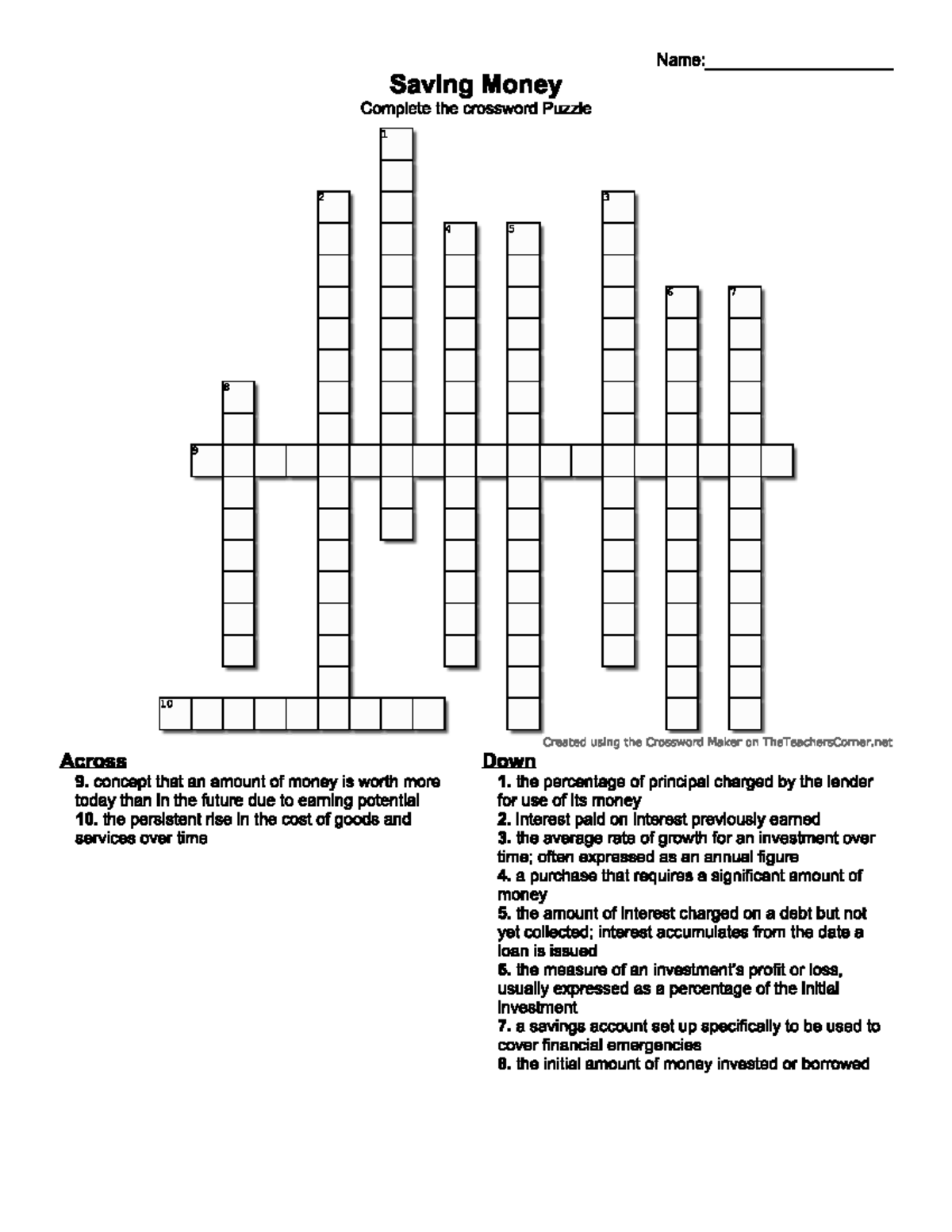 Saving Money Crossword Puzzle: Key Financial Concepts - Studocu