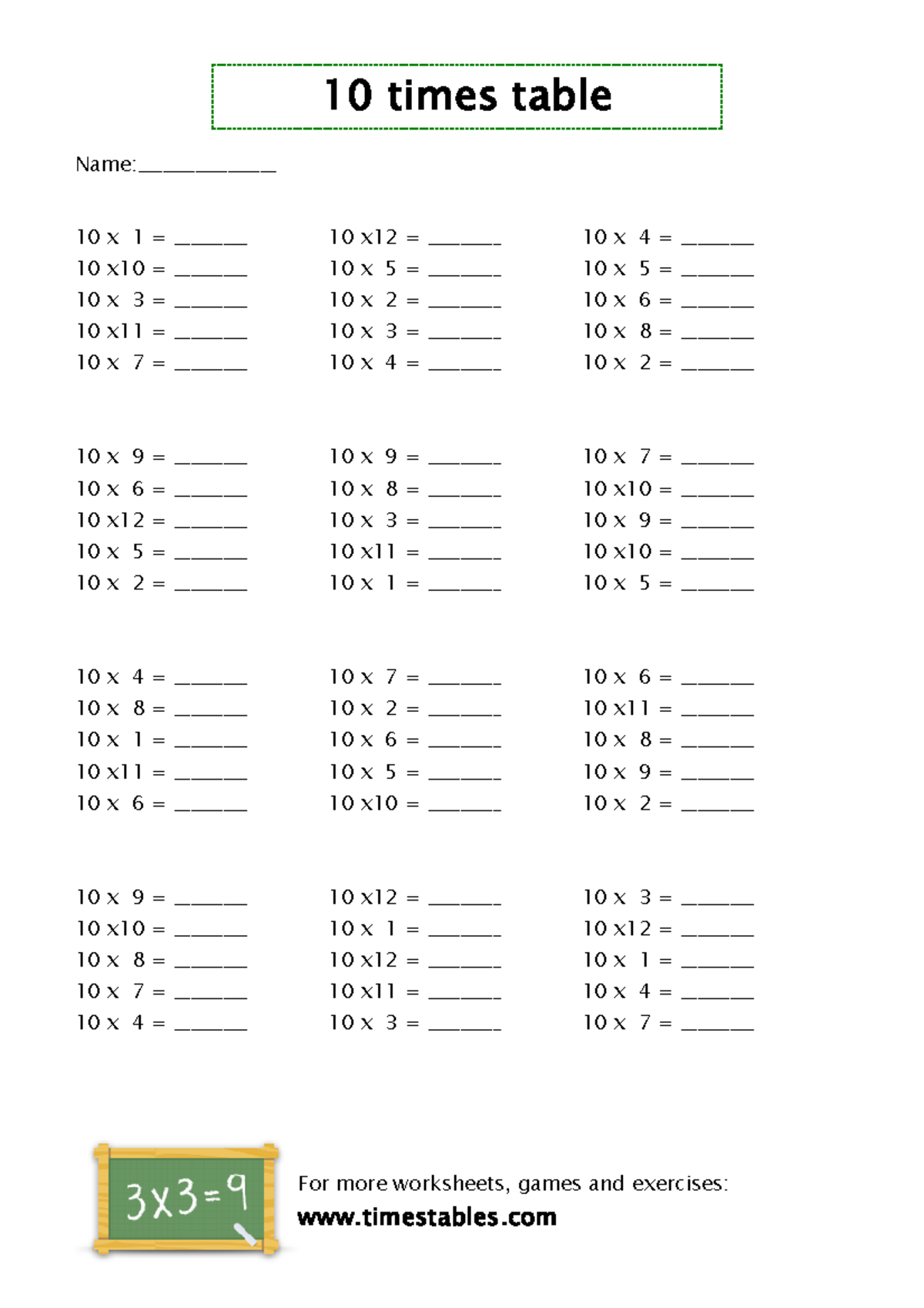 10 times table worksheets ws4 - 10 x 1 = _________ 10 x10 ...