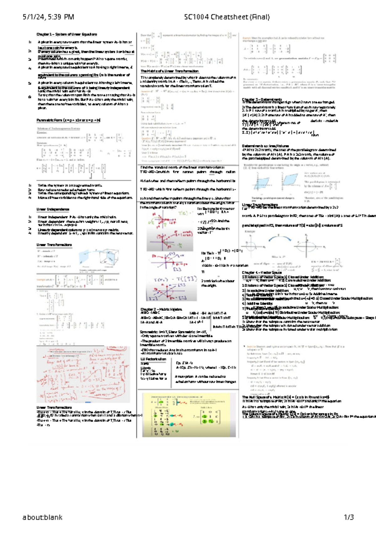 SC1004 Final Exam Cheatsheet: Linear Equations, Determinants & Vector ...