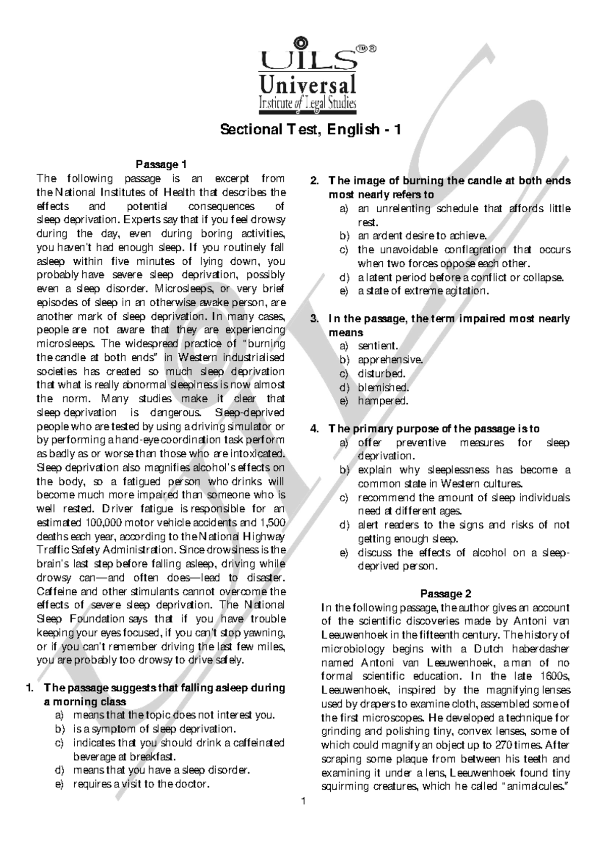 Sectional Test: English-1 Study Guide and Practice Questions - Studocu