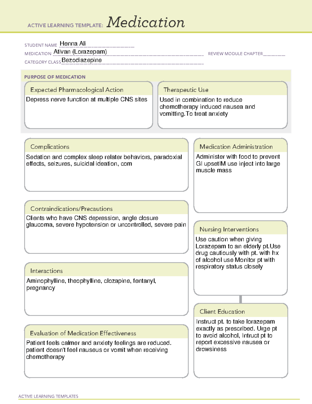 Ativan Med Cards - Week 2 Active Learning Template - Studocu