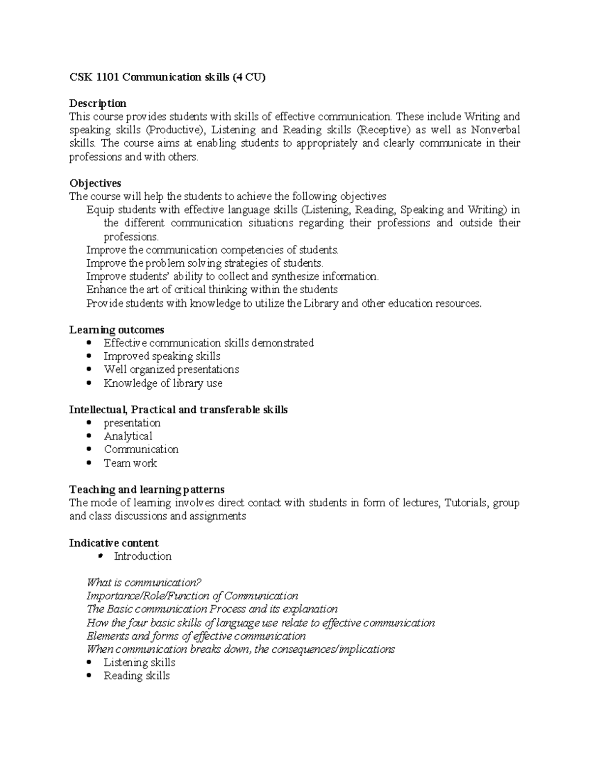 CSK 1101 Effective Communication Skills Overview and Objectives - Studocu