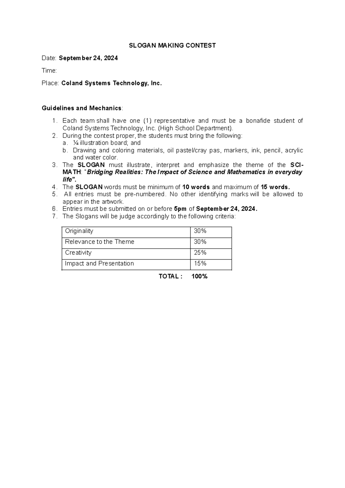 SCI-MATH Slogan, Poster & Digital Poster Contest Guidelines - Studocu