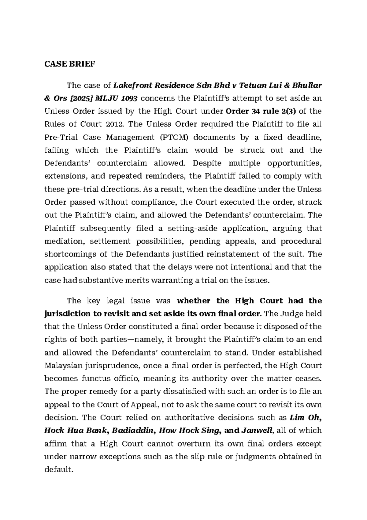 LAW612 CASE Review - CASE BRIEF The case of Lakefront Residence Sdn Bhd ...