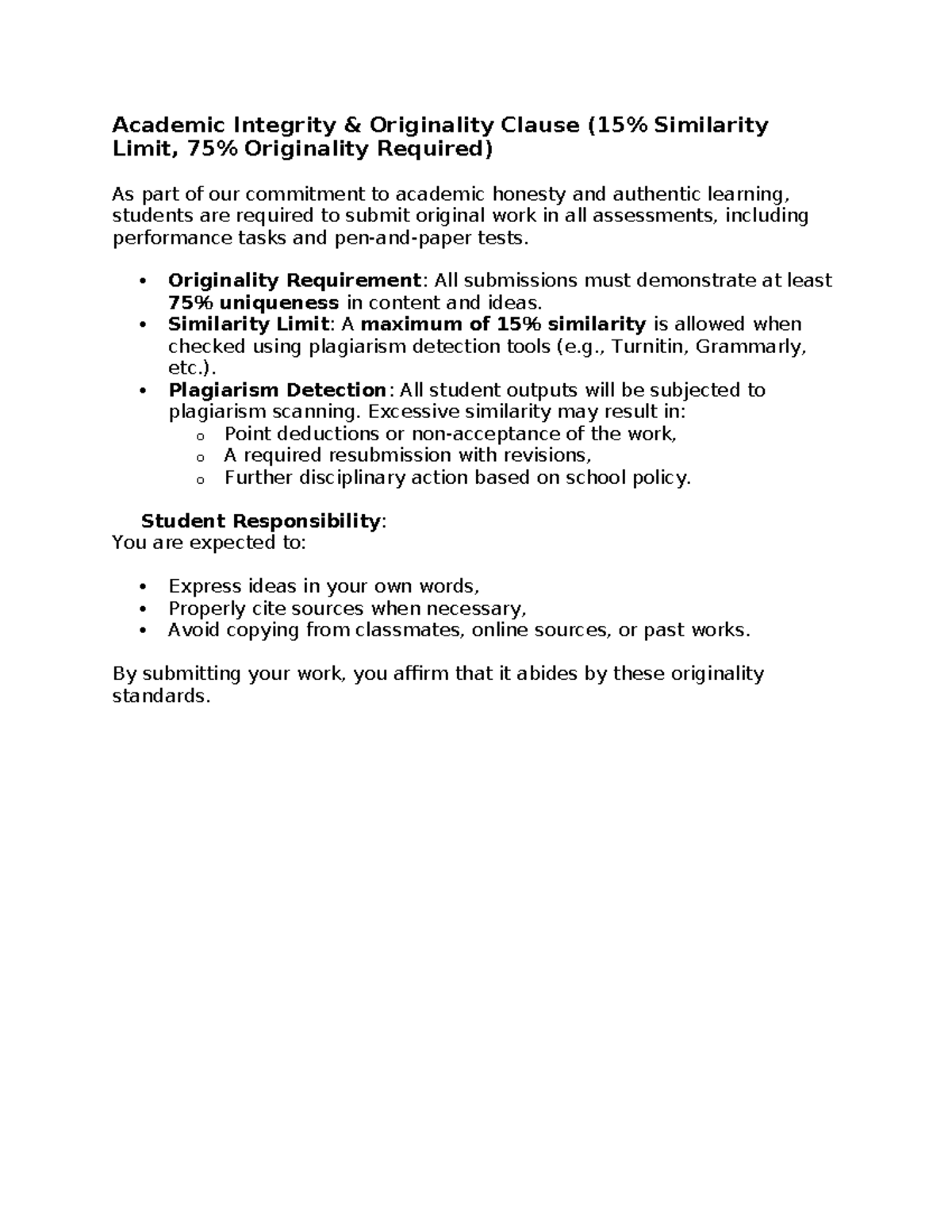 Academic Integrity Guidelines: Originality & Similarity Limits - Studocu