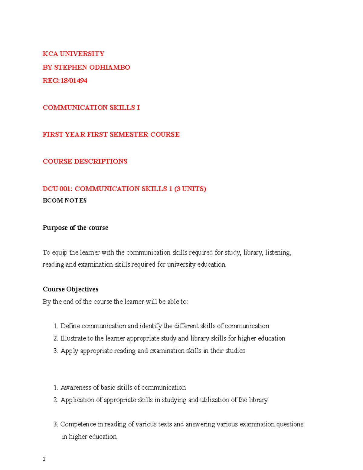 DCU 001 Communication Skills I 1 - KCA UNIVERSITY STEPHEN ODHIAMBO ...