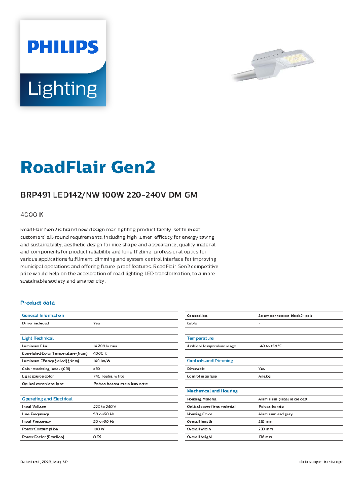 Lighting RoadFlair Gen2 BRP491 100W LED Luminaria Datasheet - Studocu