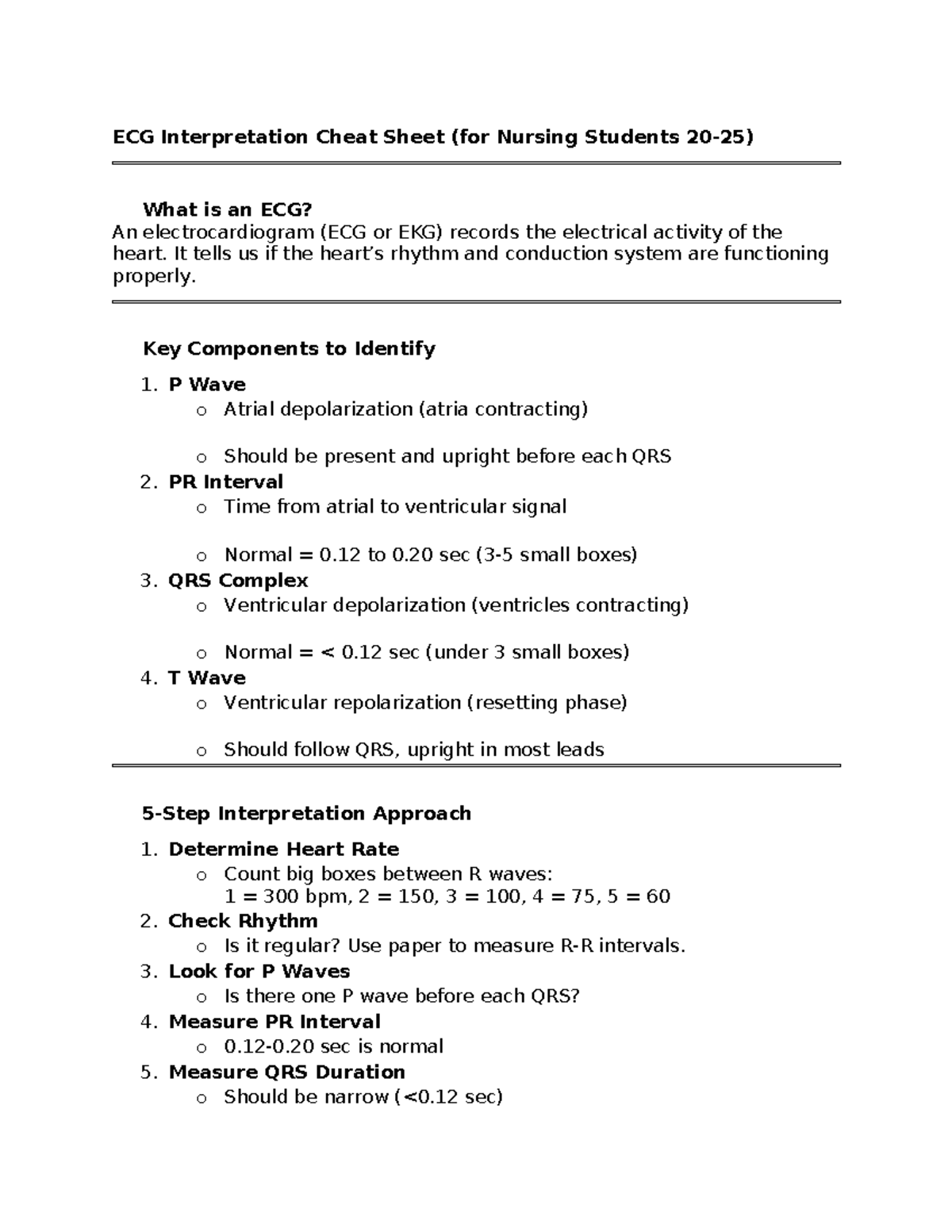 ECG Interpretation Cheat Sheet for Nursing Students - Studocu