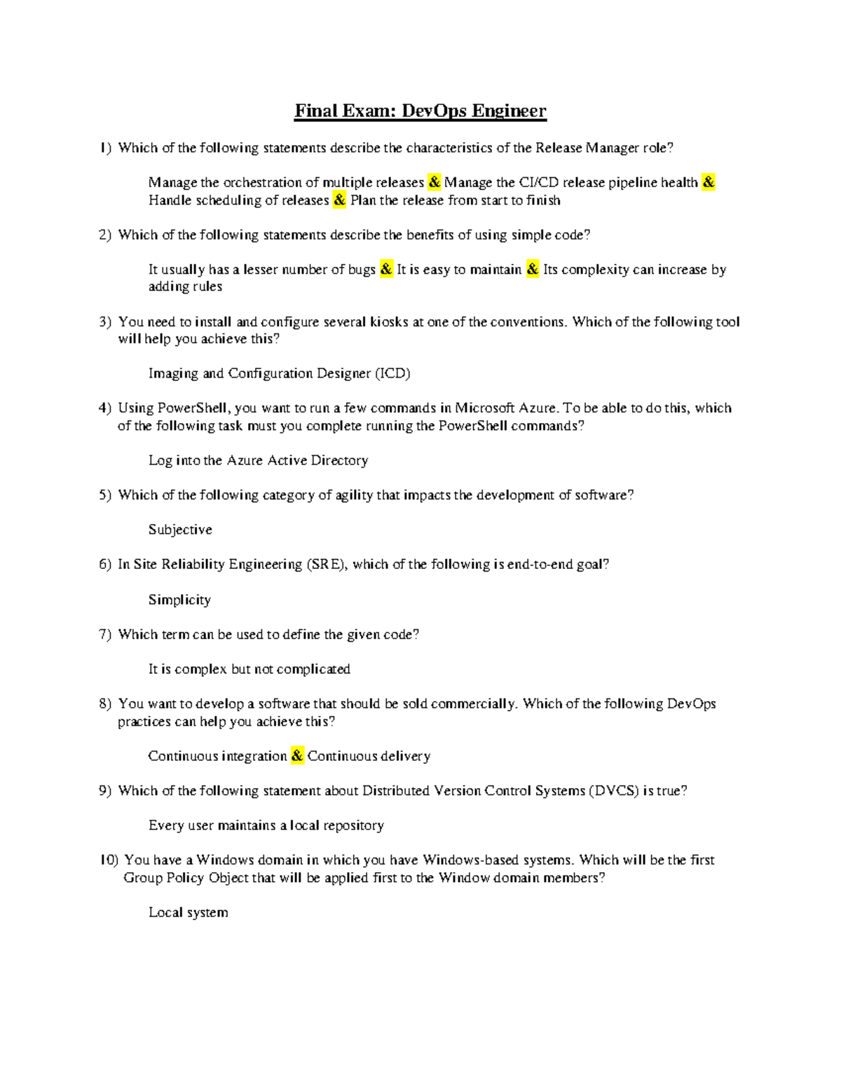 Skillsoft Dev Ops Engineer Software Engineering Final Exam Final Exam Devops Engineer Which