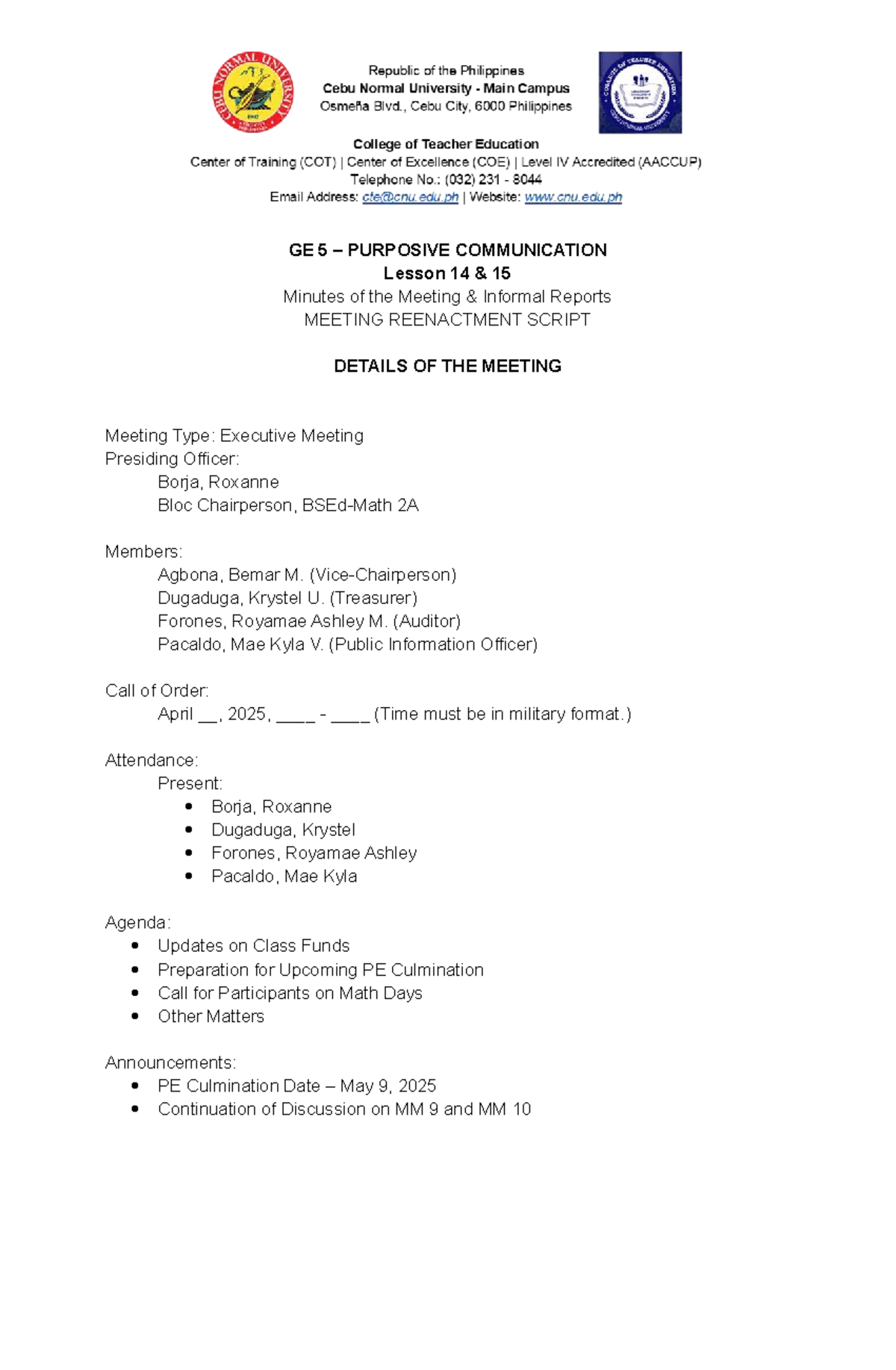 GE 5 Purposive Communication Meeting Reenactment Script - GE 5 – PURPOSIVE COMMUNICATION Lesson ...