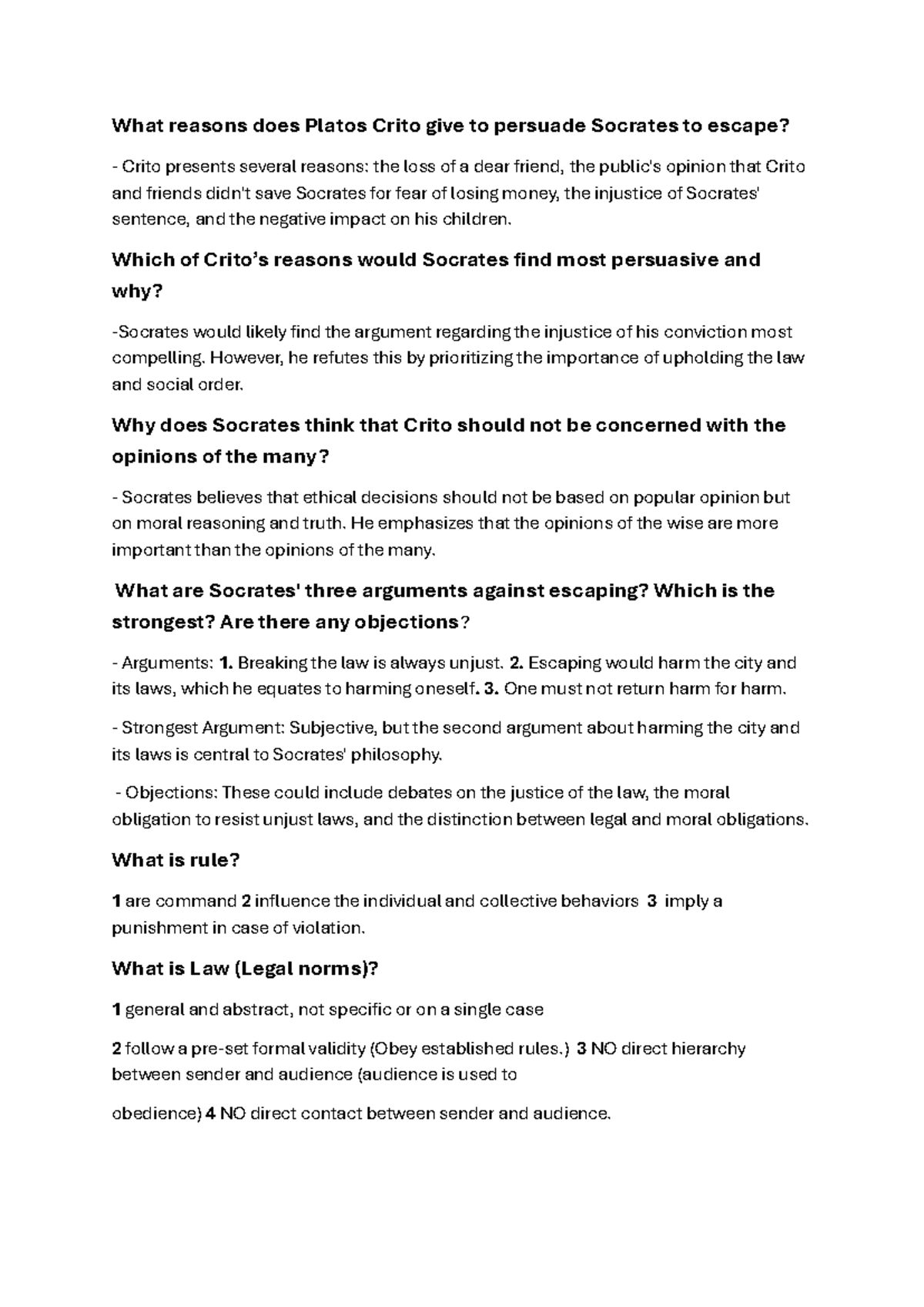Philosophy Q&A: Socrates, Crito, and Legal Theories (PHIL 101) - Studocu