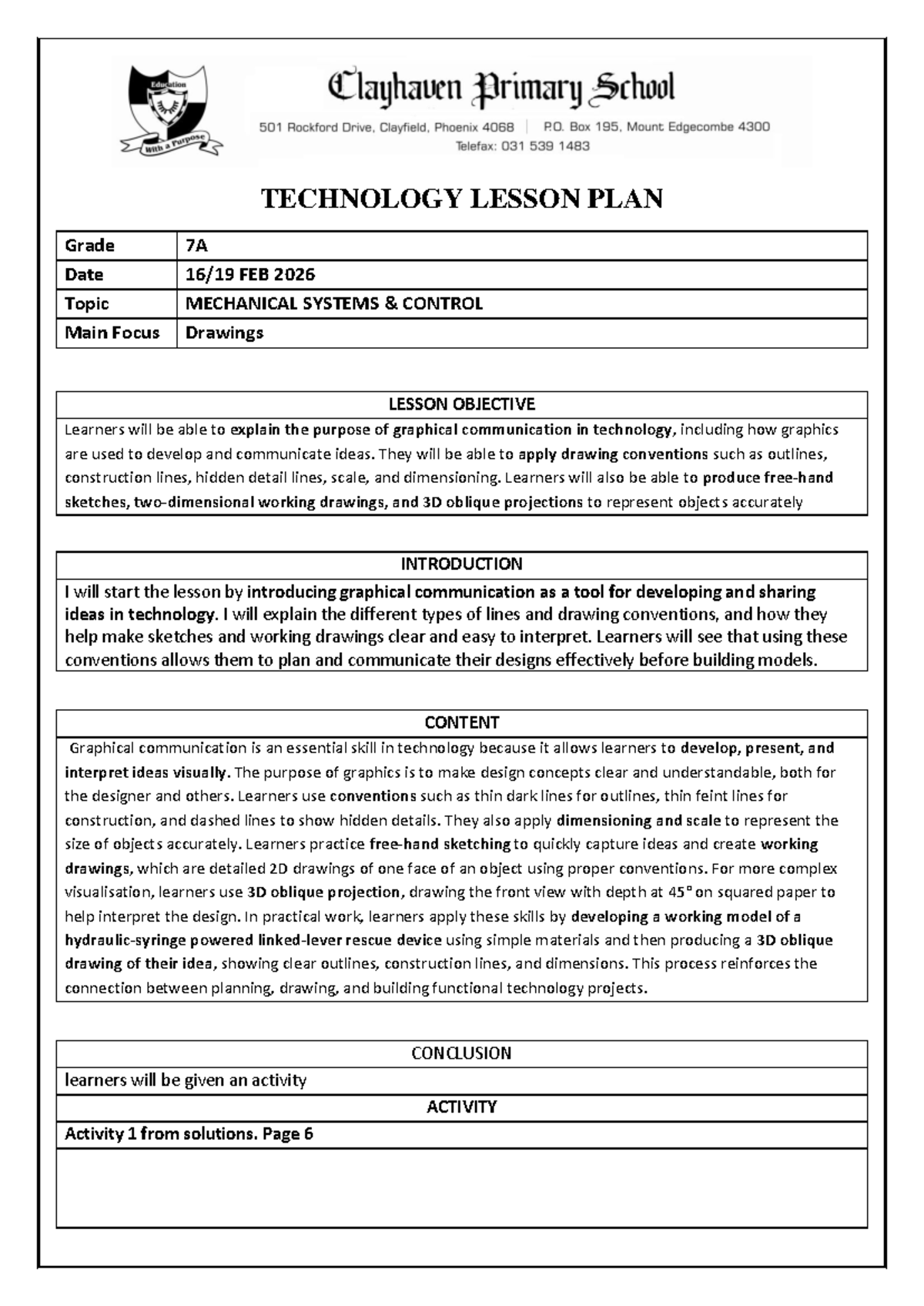 TECHNOLOGY LESSON PLAN 7A: Graphical Communication Skills - Studocu