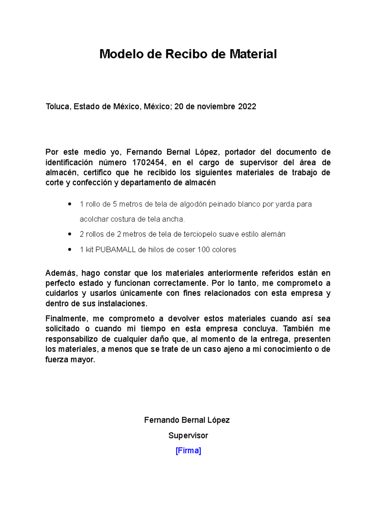 Plantilla de Recibo de Material en Word para Supervisores - Studocu
