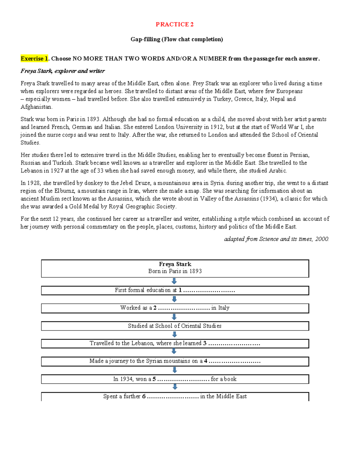 Practice 2 - Flow Chart Completion Exercise on Freya Stark - Studocu