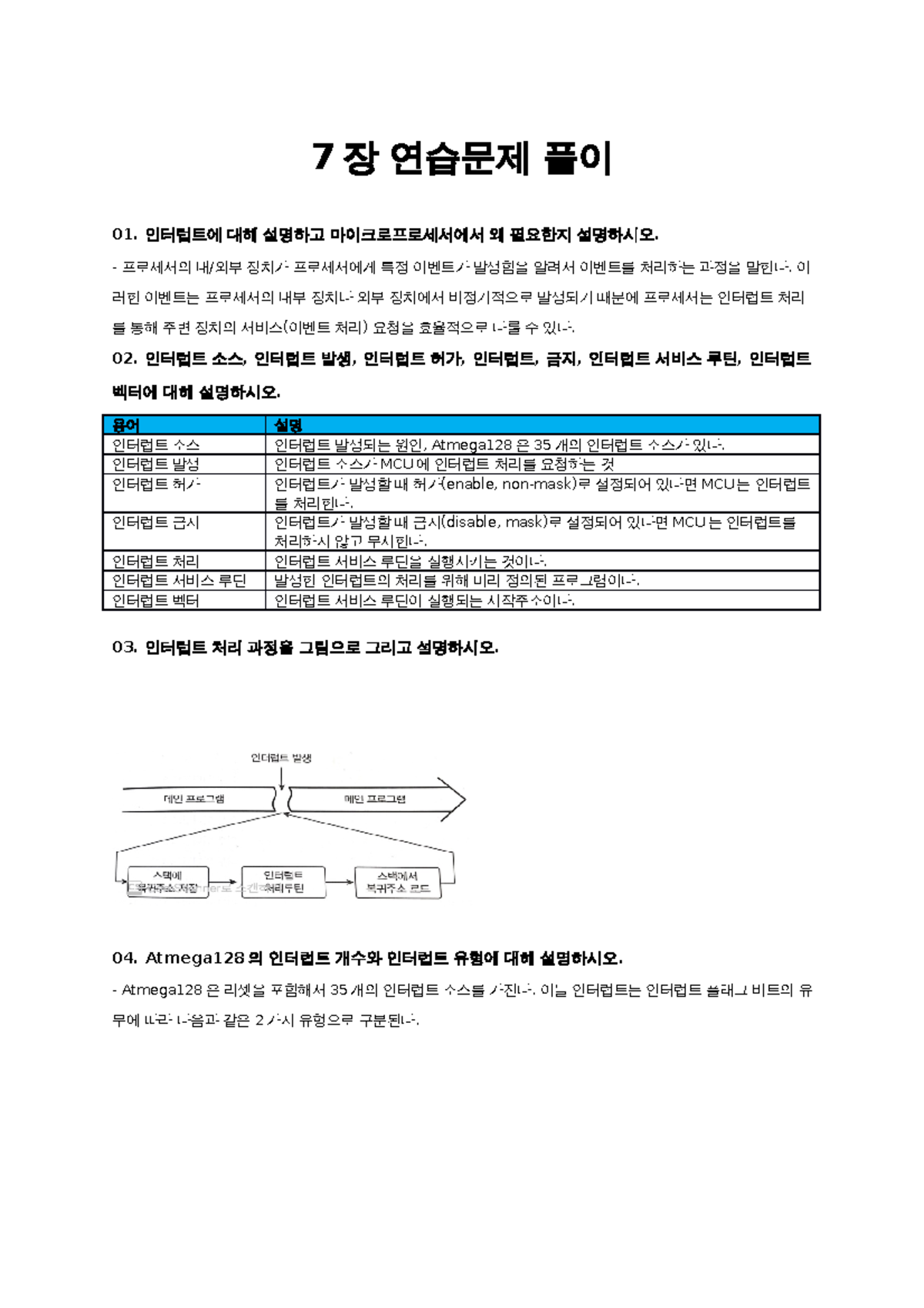 쉽게 배우는 Avr Atmega 128 마이크로컨트롤러 7장연습문제 7 장 연습문제 풀이 01 인터럽트에 대해 설명하고