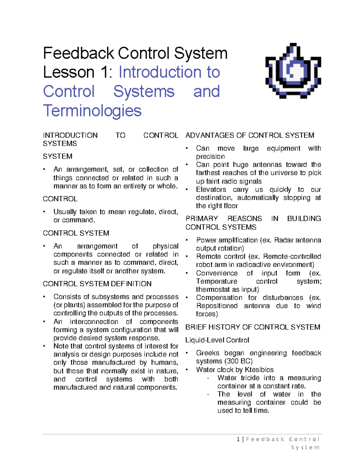 Feedback Control - Lesson 1: Intro to Control Systems and Definitions - Studocu