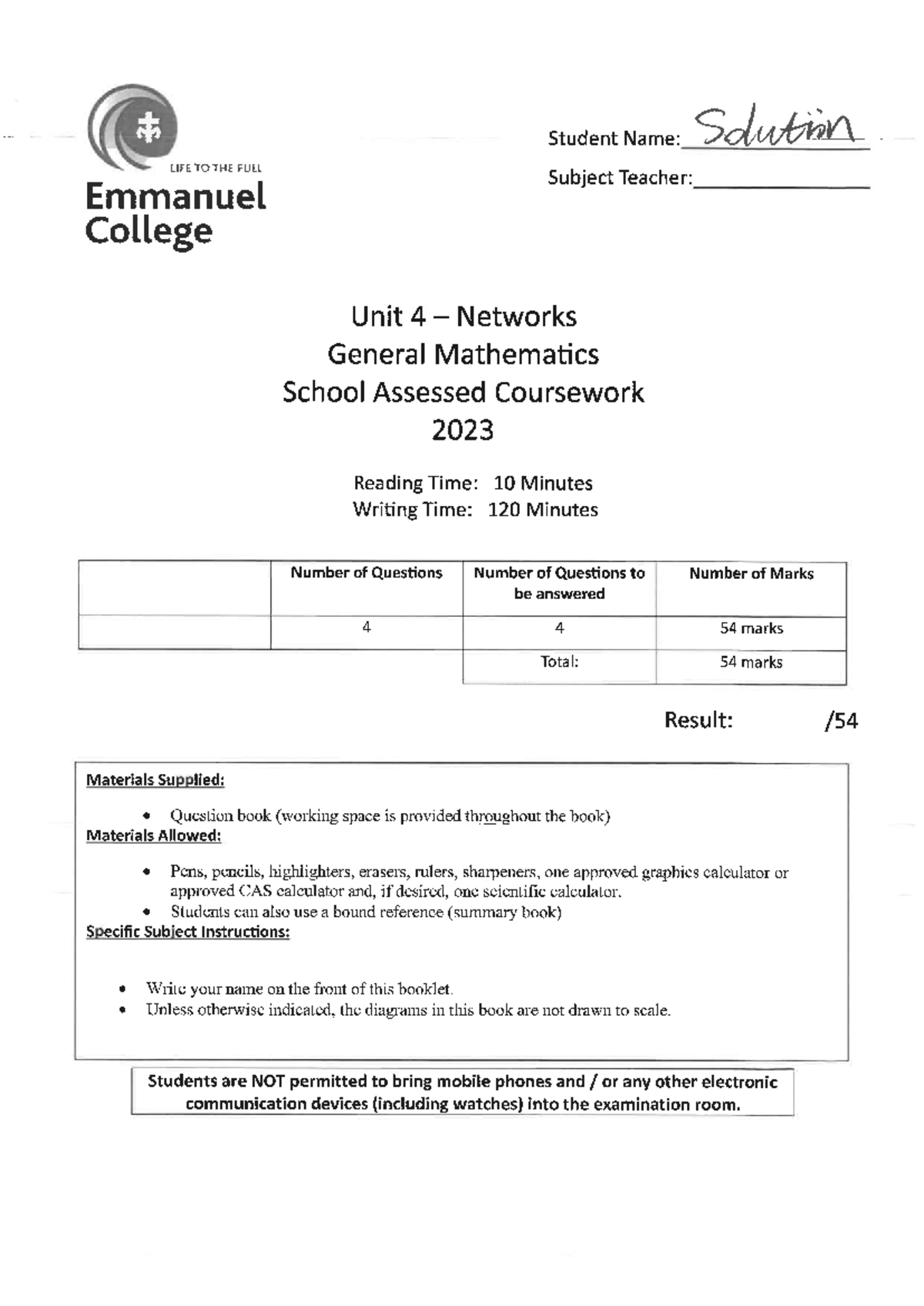 2023 General Mathematics Unit 4 Networks SAC Final Solutions - Studocu