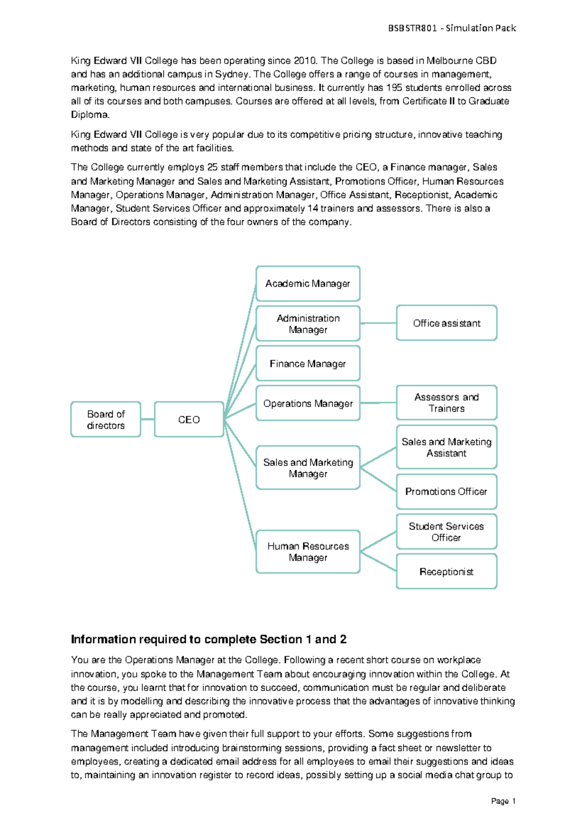 BSBSTR801 Innovation Strategy Simulation Pack for King Edward VII ...