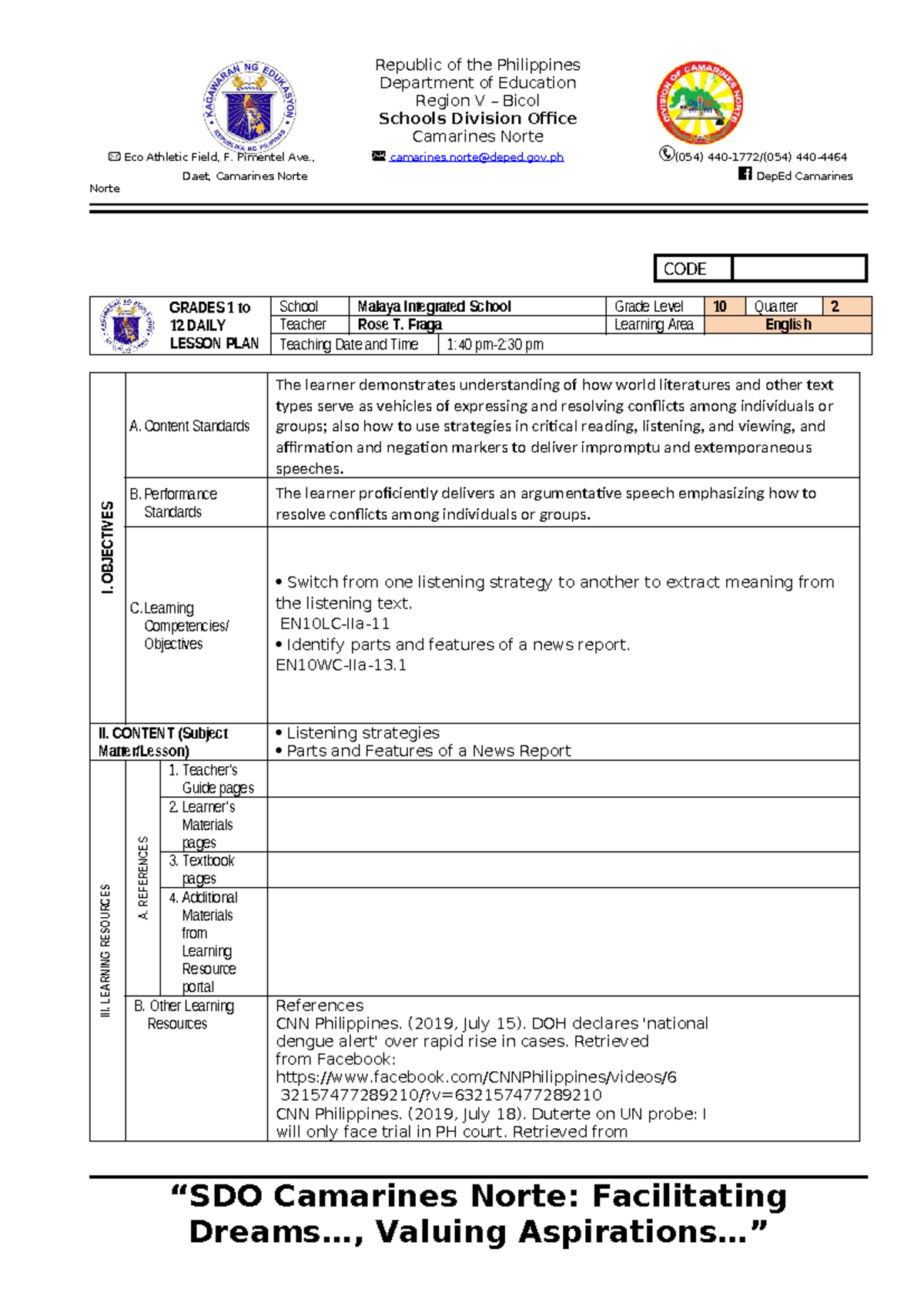 G10 - Daily Lesson Plan for Grade 10 English - Quarter 2 - Studocu