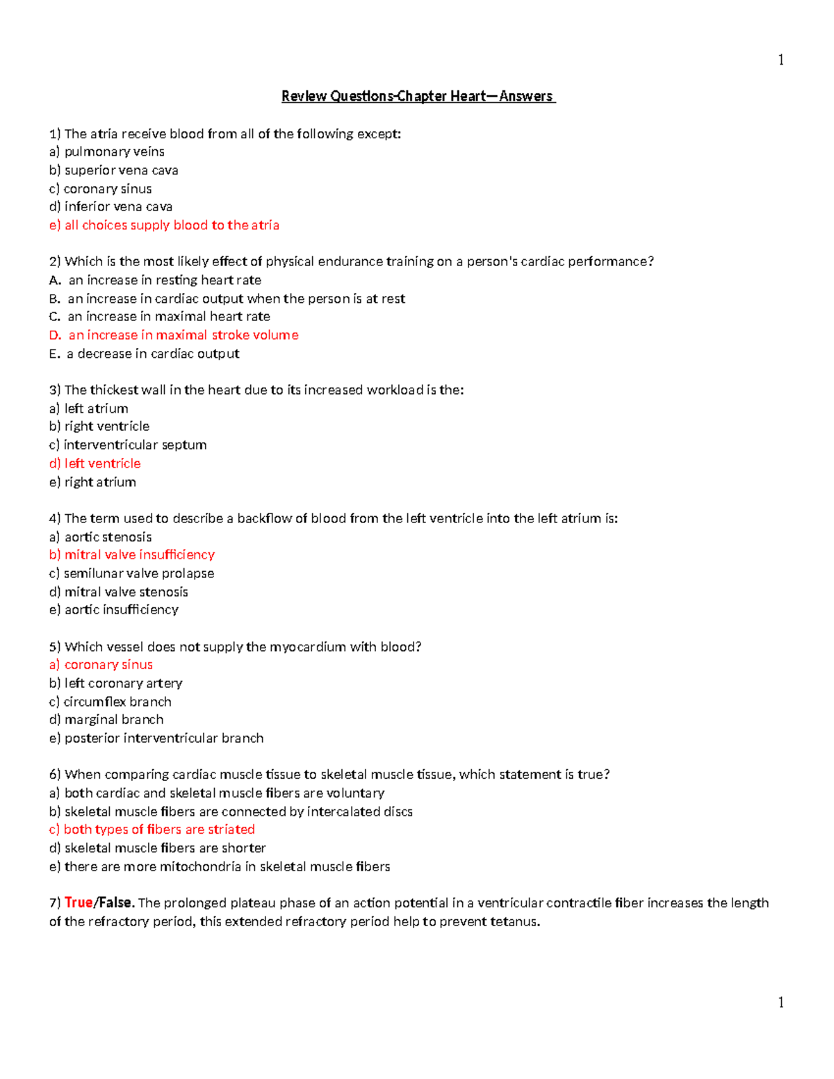 Cardiovascular System Review Questions - Chapter on Heart Function ...