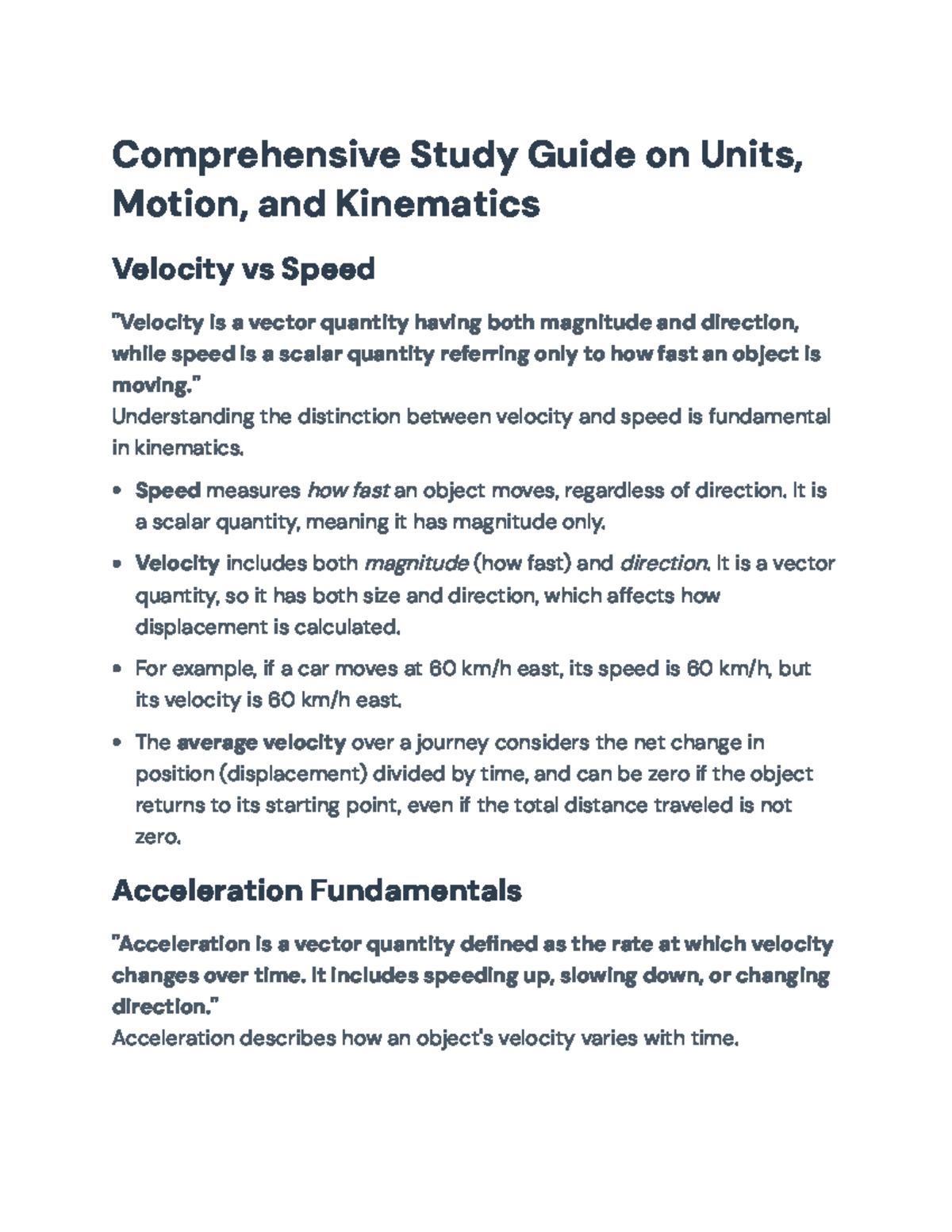 Comprehensive Study Guide on Motion, Units, and Kinematics (PHYS 101 ...