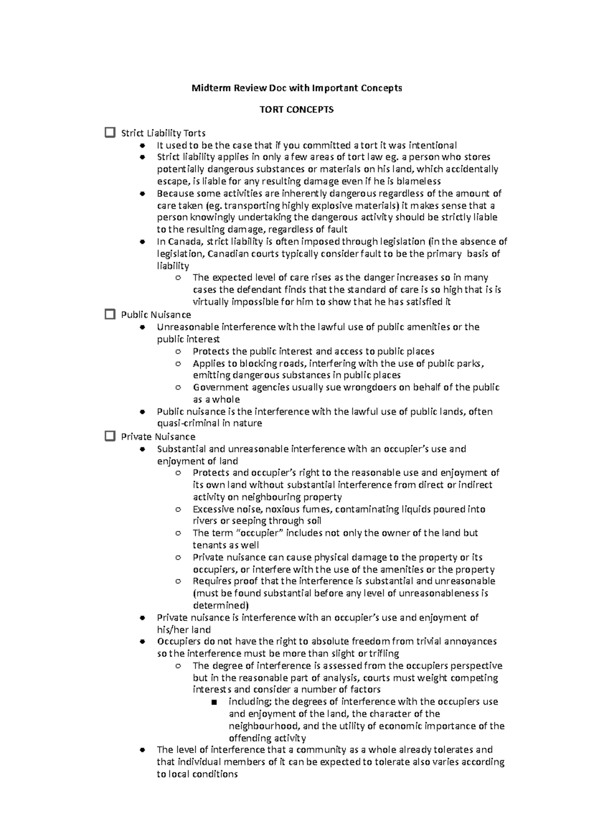 Law Midterm Review: Key Concepts in Tort and Contract Law - Studocu