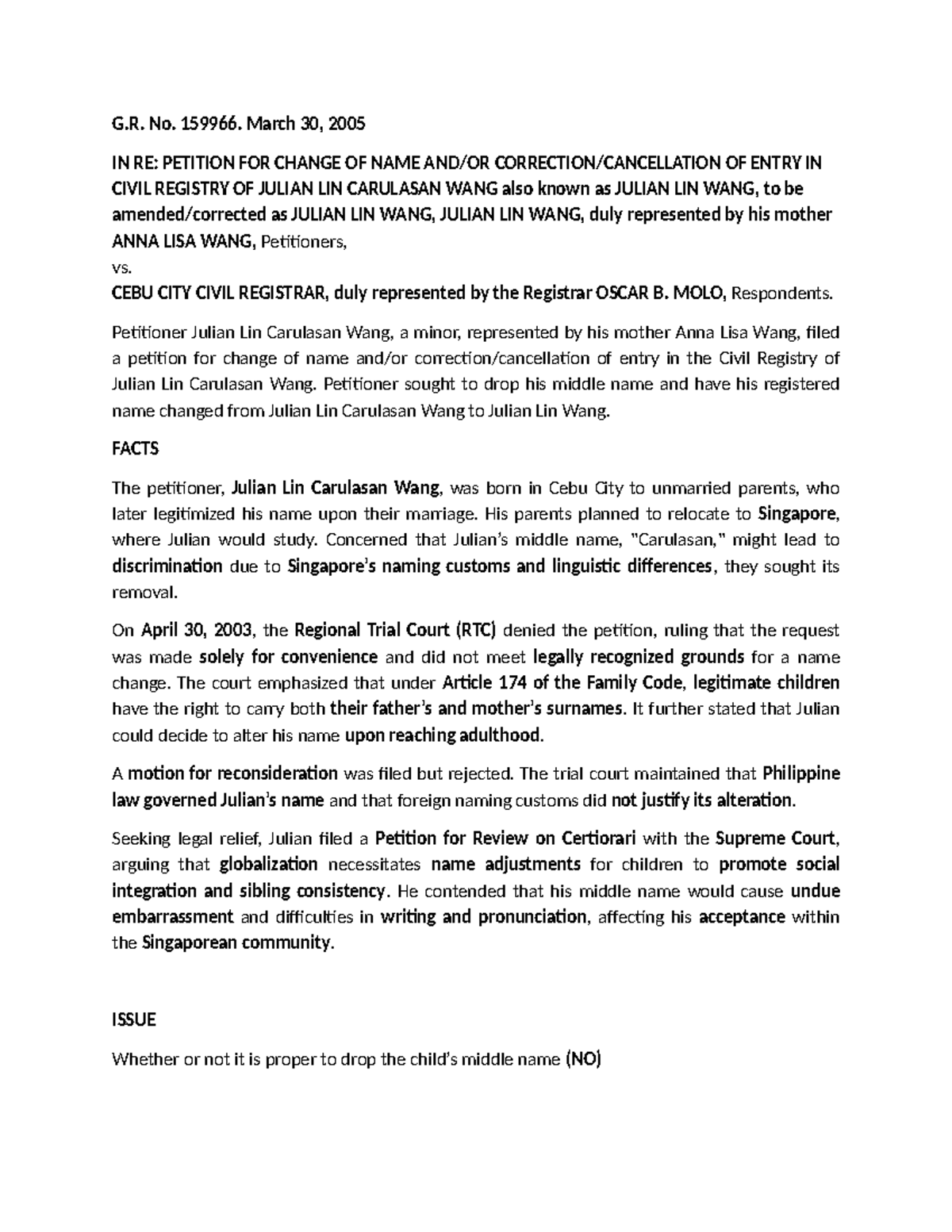 G.R. No. 159966: Petition for Change of Name - Julian Lin Wang Case ...