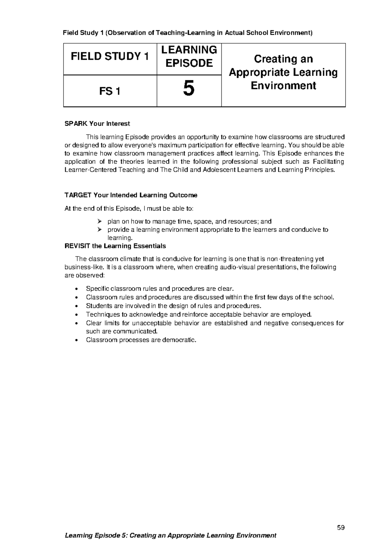 EP5 FS1 Creating-an-Appropriate-Learning-Environment - 59 FIELD STUDY 1 ...
