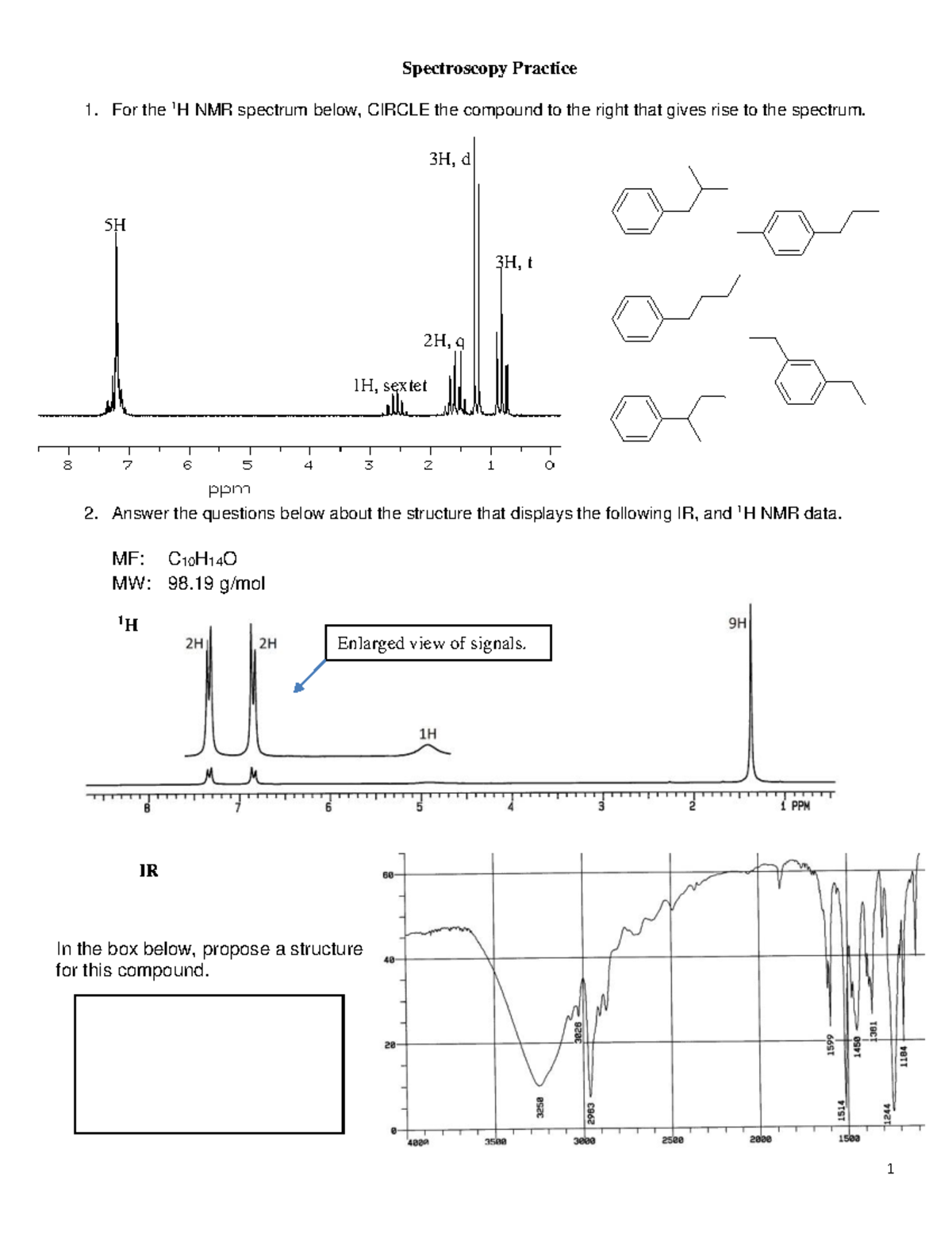 Spectroscopy Practice - CHE230 - For the 1 H NMR spectrum below, CIRCLE ...