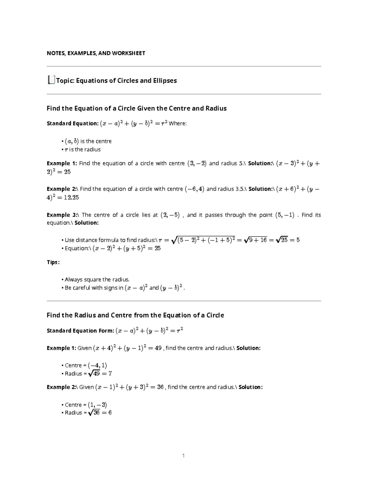 Equations of Circles and Ellipses: Notes & Examples - Studocu