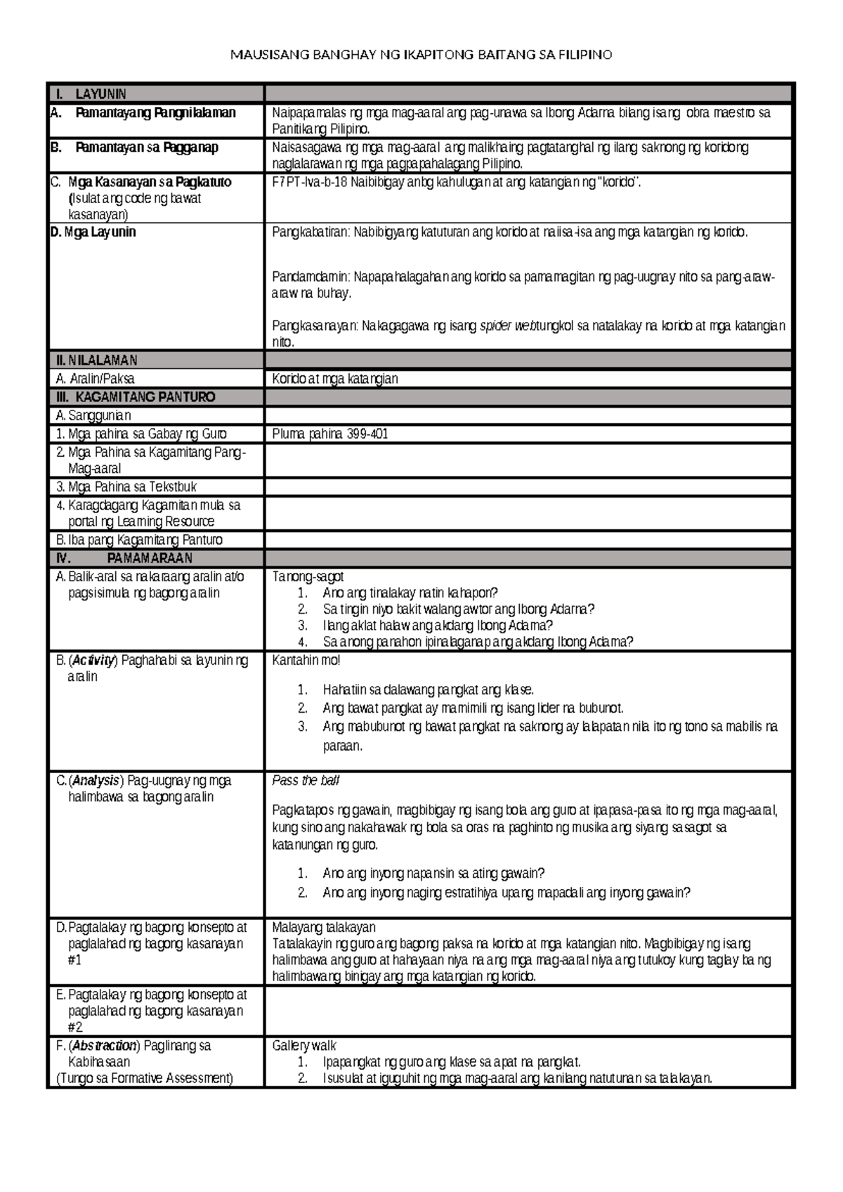 MAUSISANG BANGHAY NG IKAPITONG BAITANG SA FILIPINO I: KORIDO DLP - Studocu