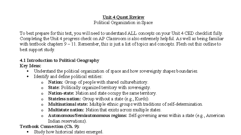 Unit 4 Review: Political Organization in Space (AP) - Studocu