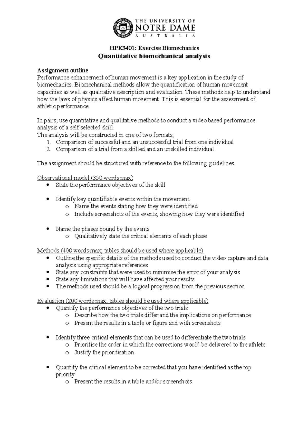HPE3401 Quantitative Analysis Outline for Biomechanics Assignment - Studocu