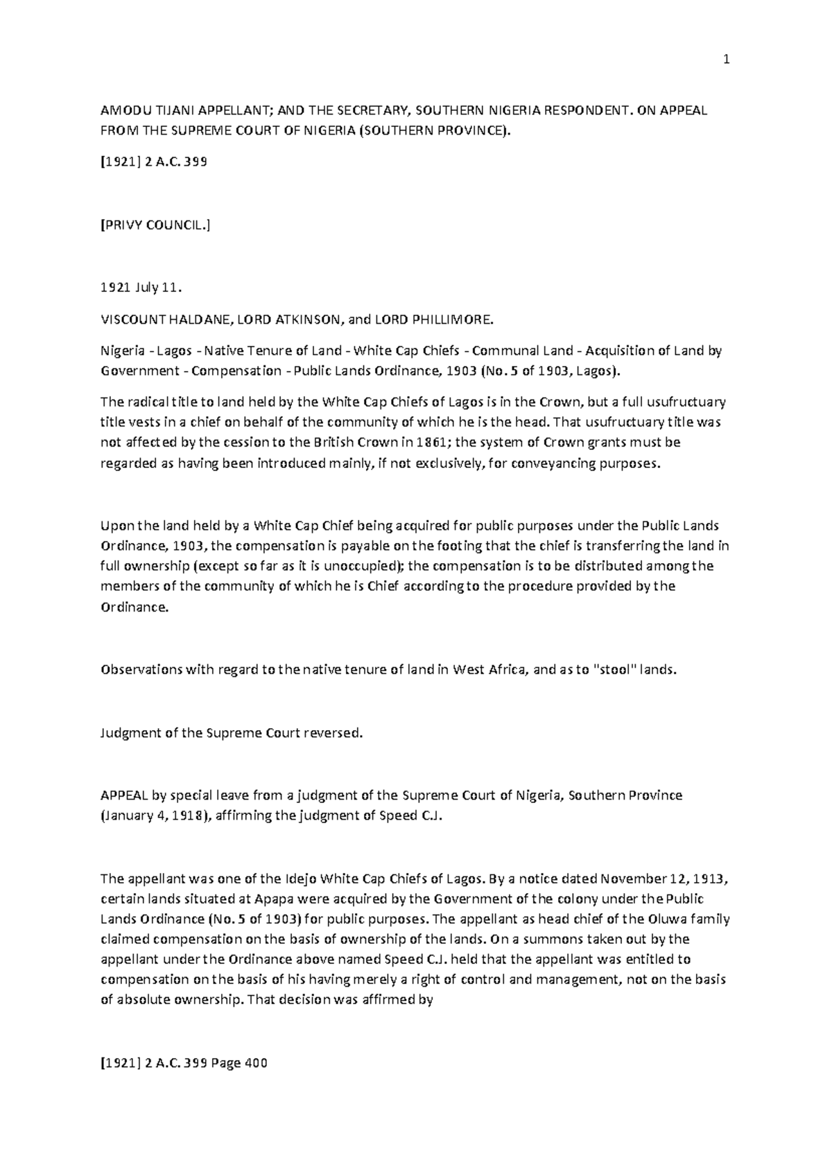 Amodu Tijani vs. Secretary Southern Nigeria: Land Tenure Case Study ...