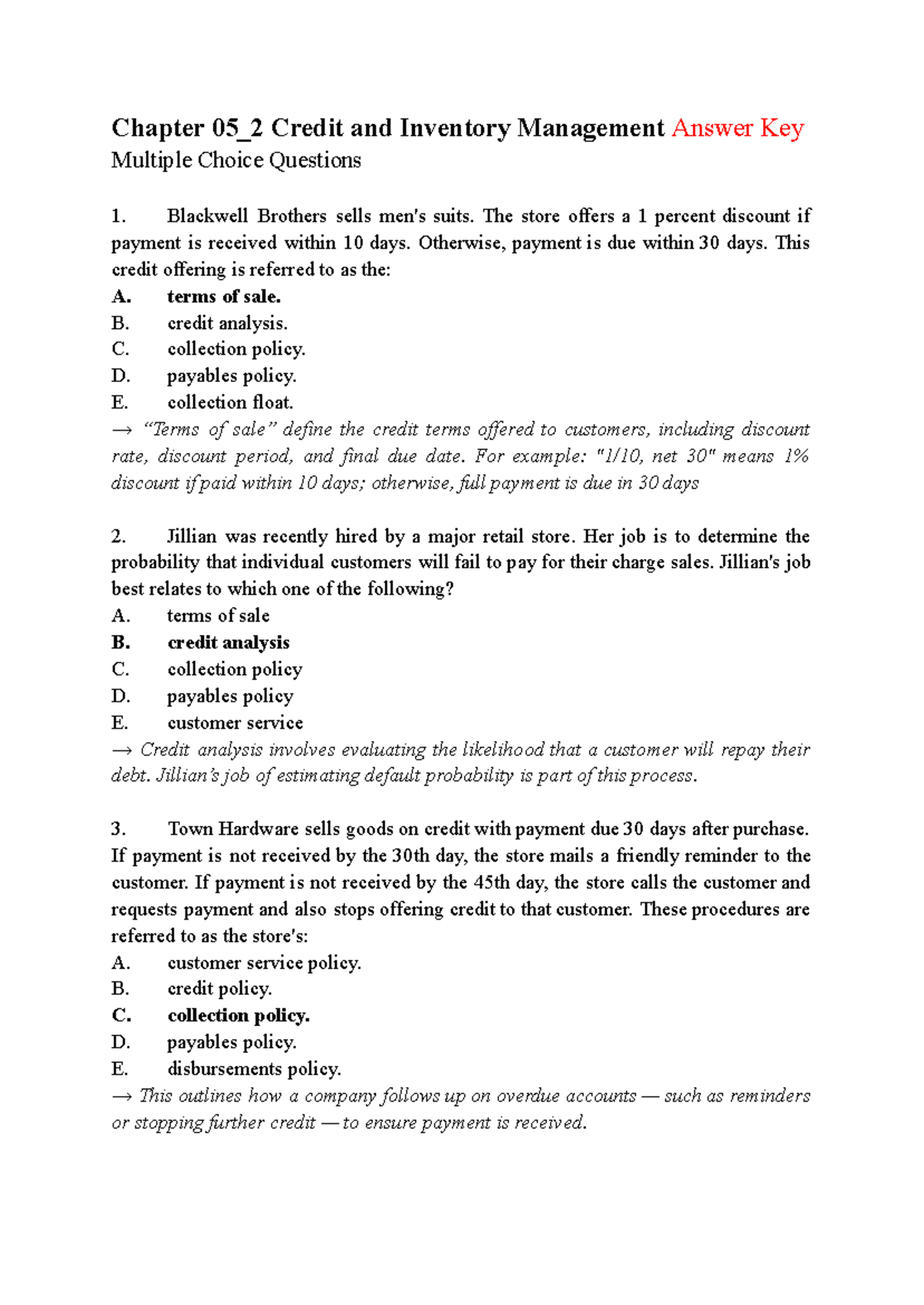Chapter 05_2 - Credit and Inventory Management MCQ Answer Key - Studocu