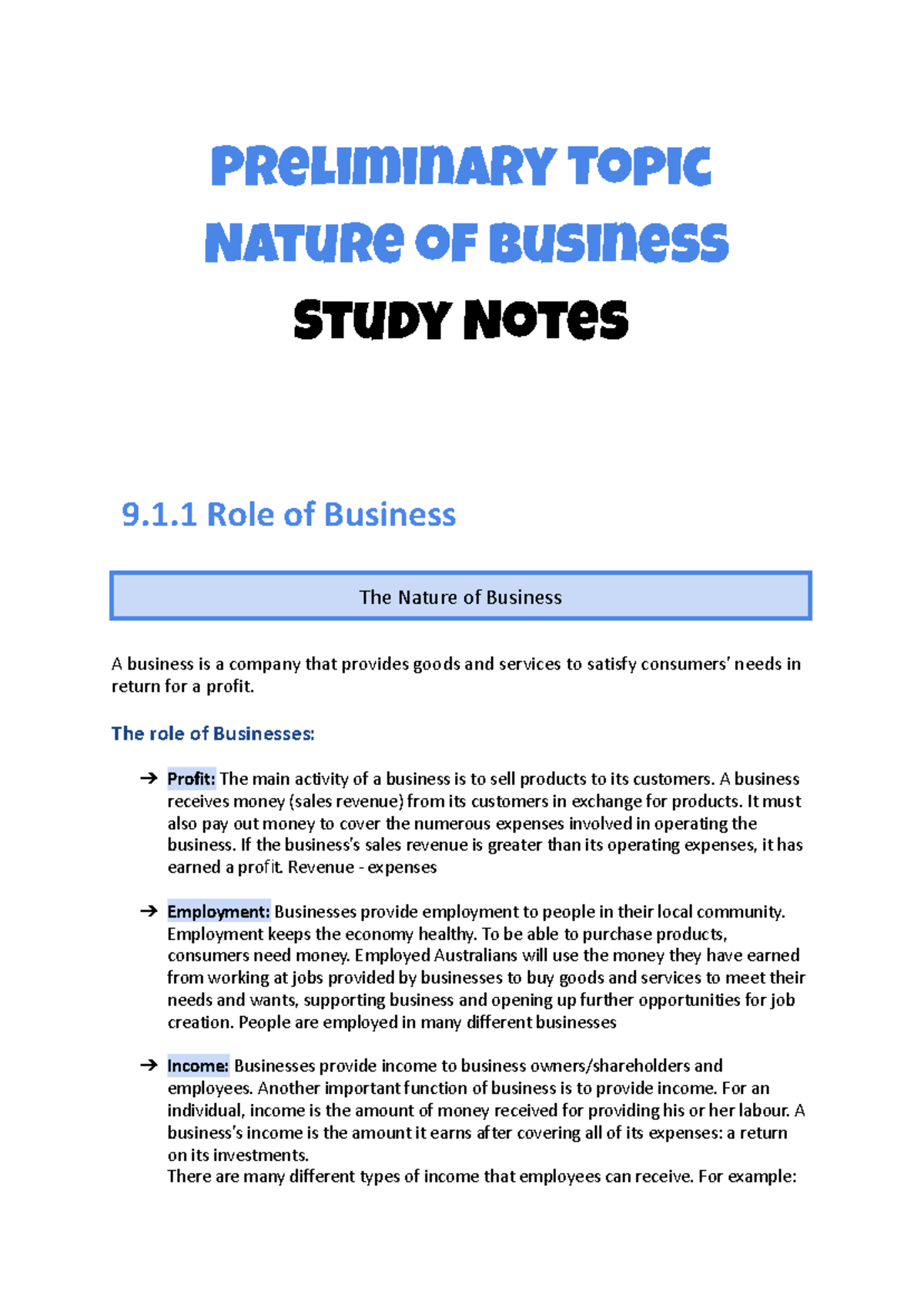 Nature of Business Study Notes (9.1.1): Roles, Classifications, and ...
