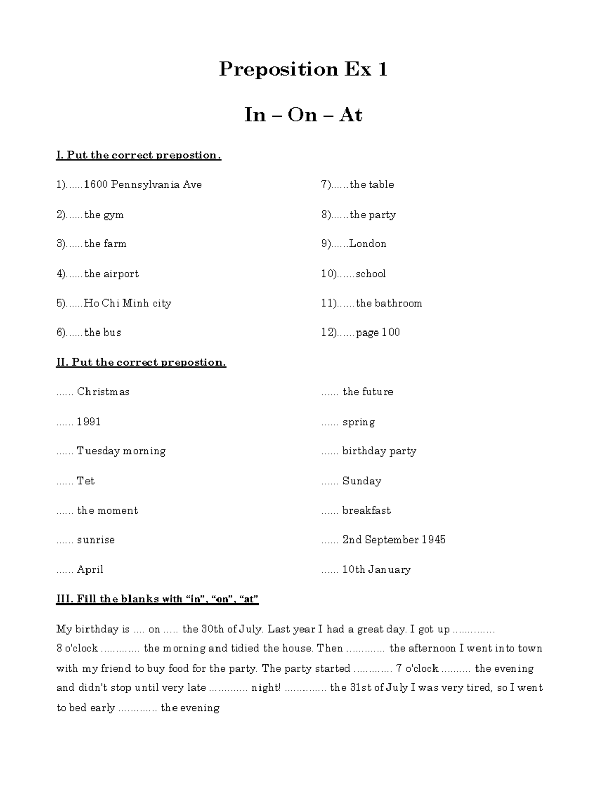 Preposition Exercises 1: Fill in the Blanks with In, On, At - Studocu