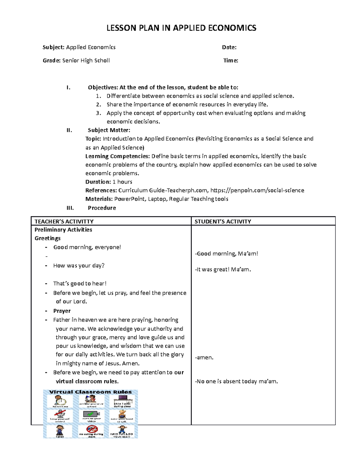 Applied Economics Introduction Lesson Plan for Senior High School - Studocu