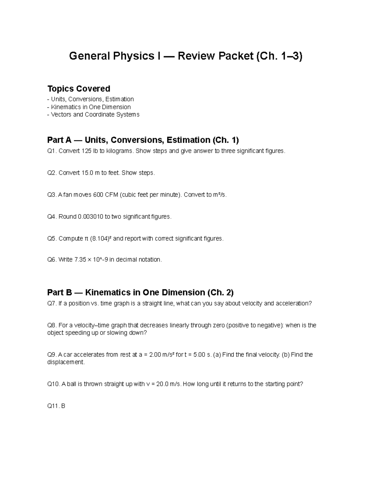 General Physics I — Final Exam Review Packet (Ch. 1–3) - Studocu