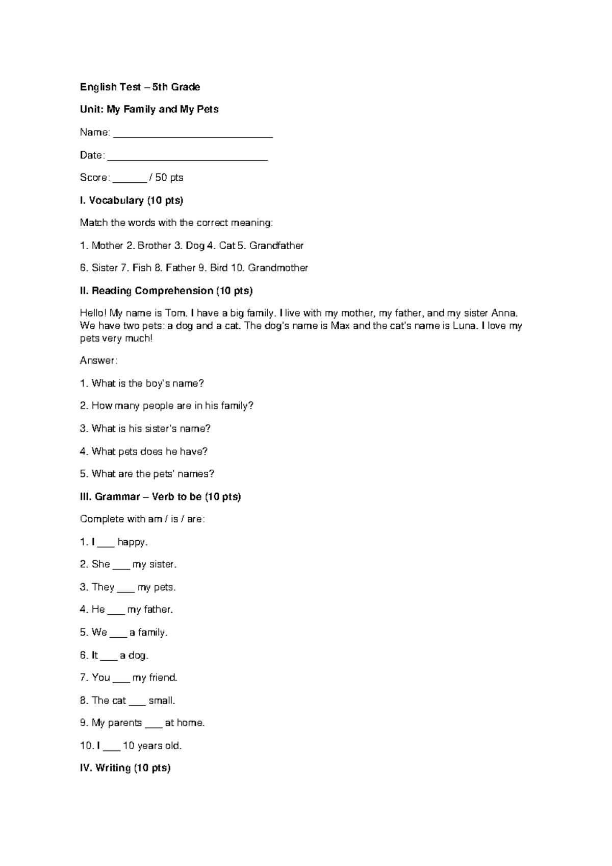 5th Grade English Test: My Family & Pets (50 pts) - Studocu