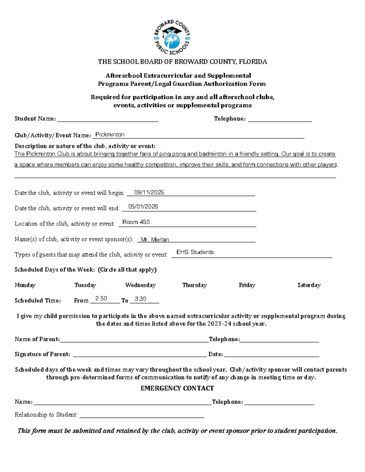 Pickminton Club Parent Permission Form - Broward County Schools - Studocu