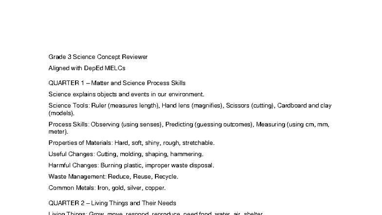 Grade 3 Science Concept Reviewer: DepEd MELCs Aligned Q1-Q4 - Studocu