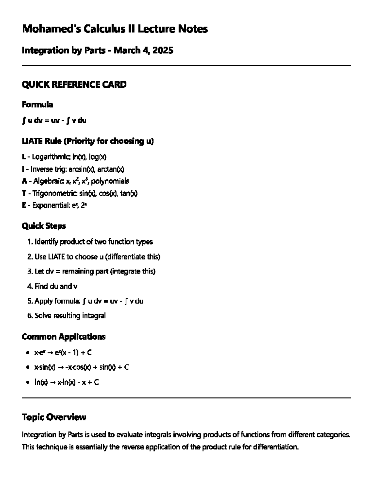 MATH 32B Final Exam Lecture Notes: Integration by Parts & LIATE Rule ...