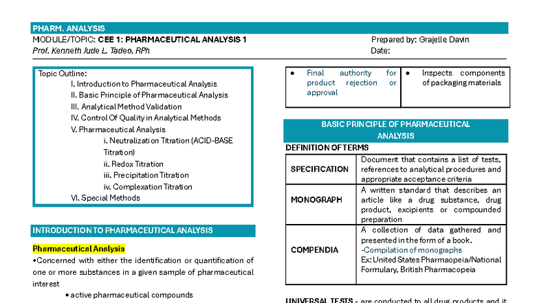 Pharm. Analysis CEE 1: Comprehensive Lecture Notes on Pharmaceutical ...