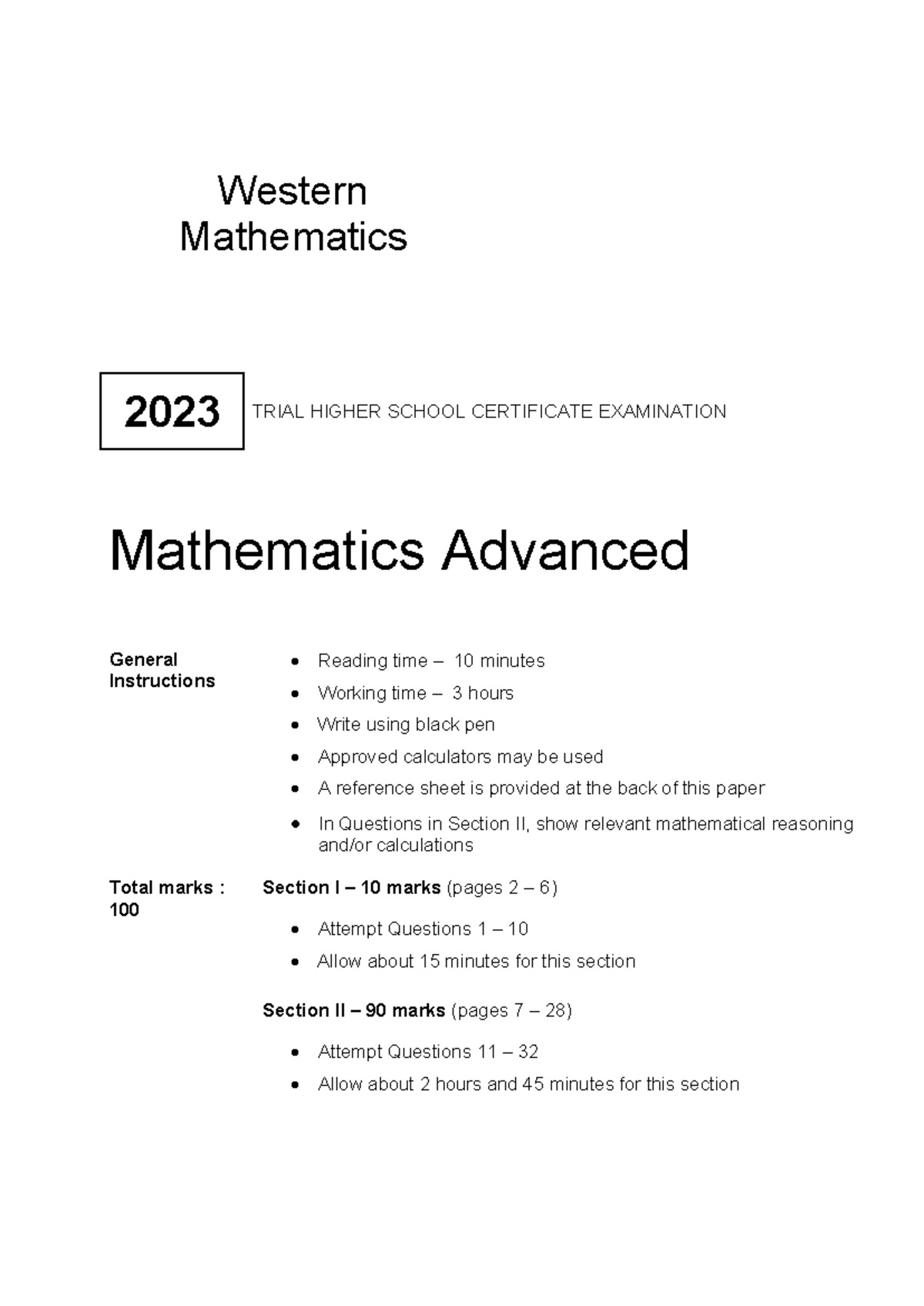 WME 2023 HSC Mathematics Advanced Exam - Western Mathematics 2023 TRIAL ...
