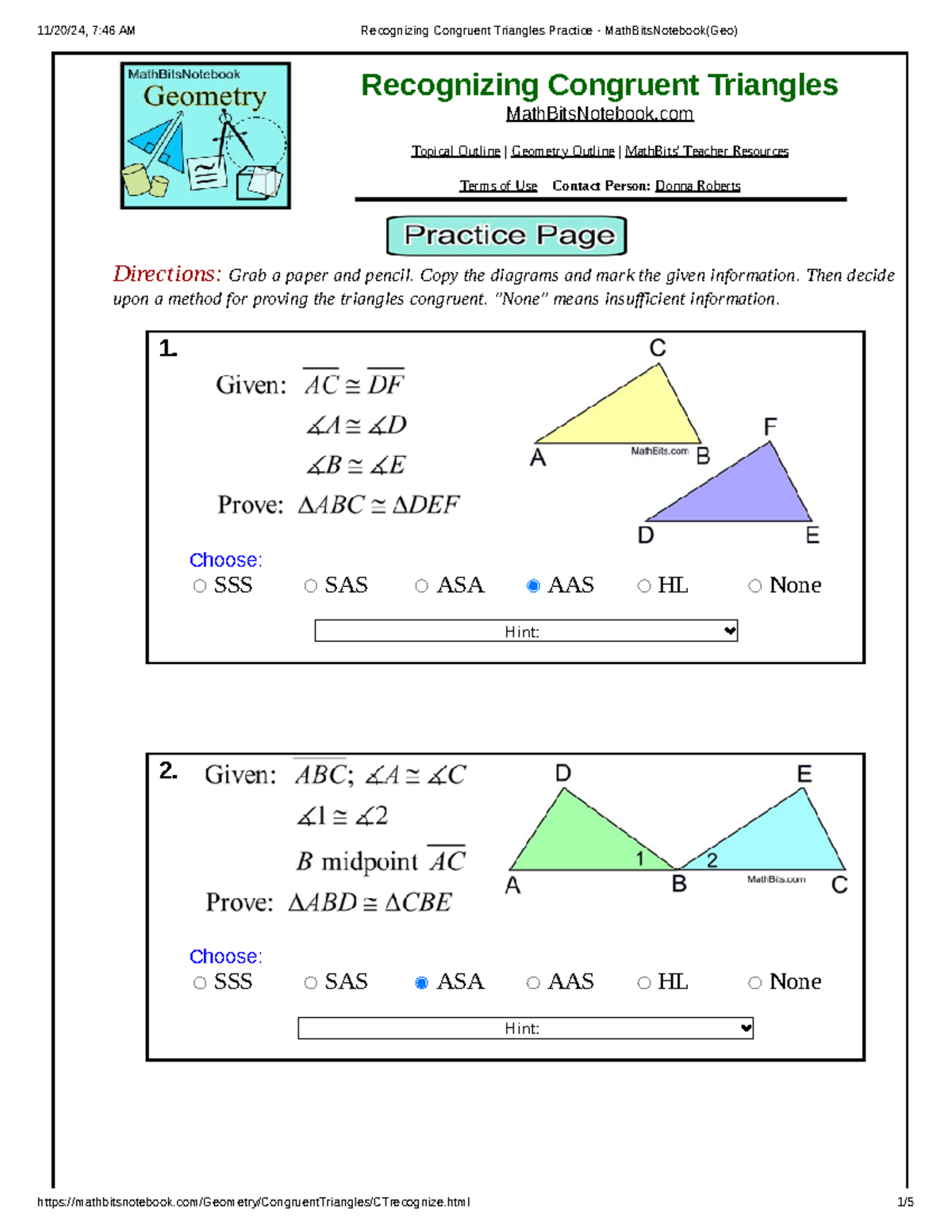 Recognizing Congruent Triangles Practice - Math Bits Notebook(Geo ...