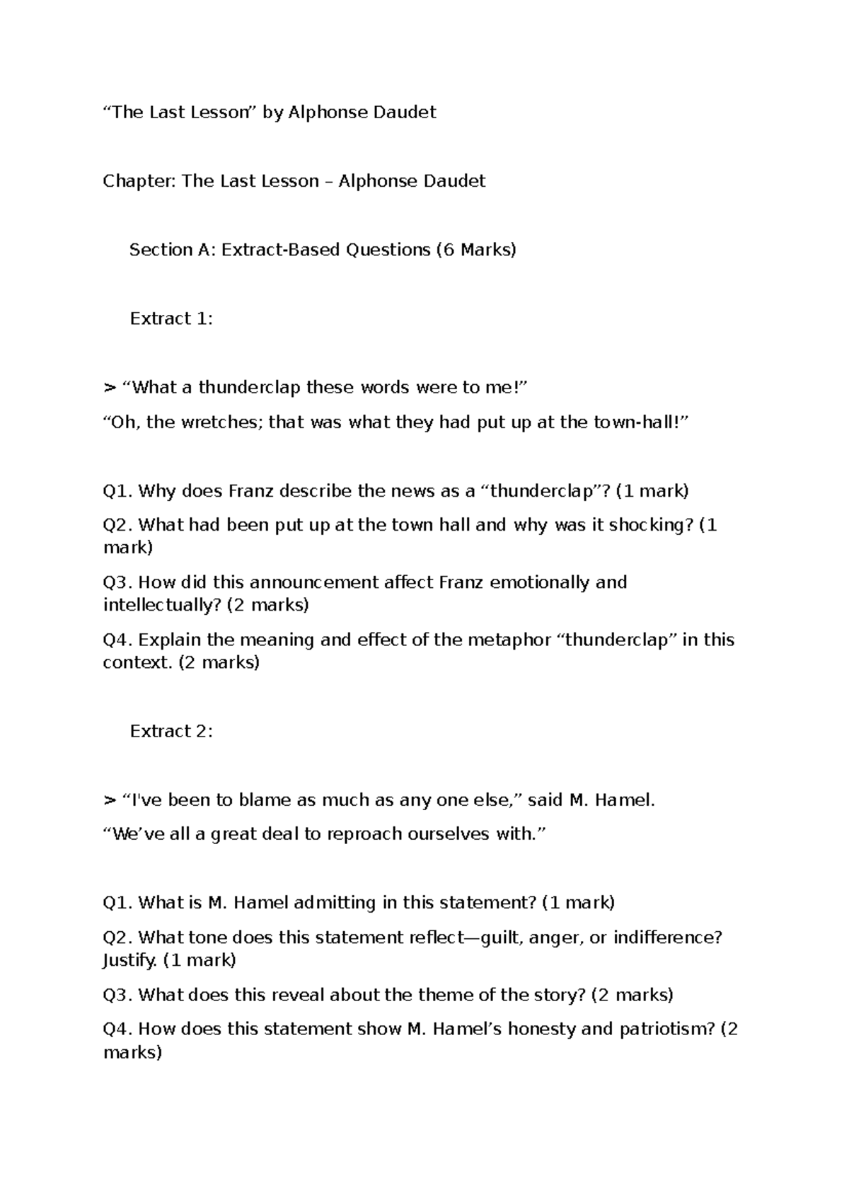 Last Lesson Questions on Alphonse Daudet's "The Last Lesson" (d6533cac ...