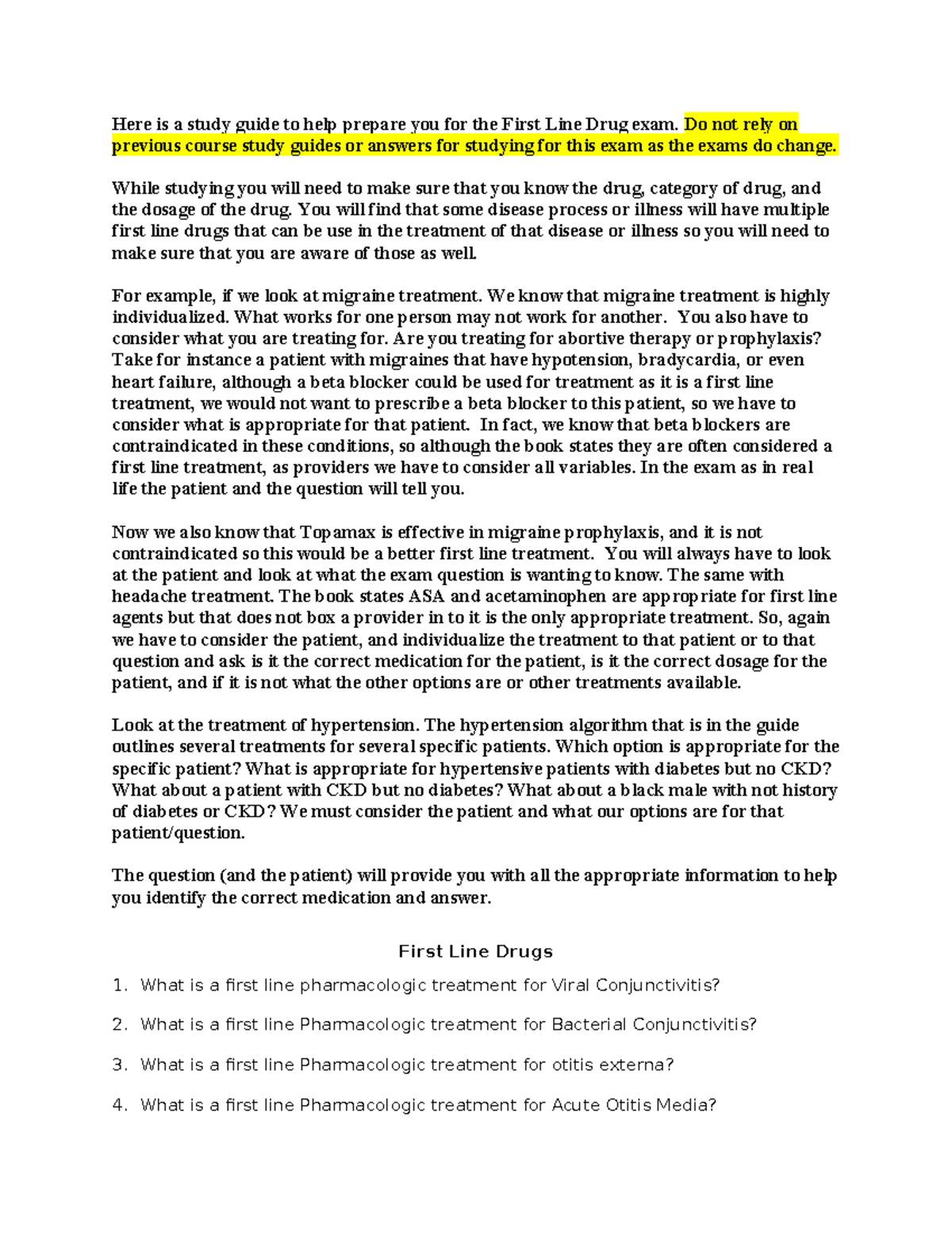 Pharm Study Guide for First Line Drug Exam W-O answers-1 - Here is a ...